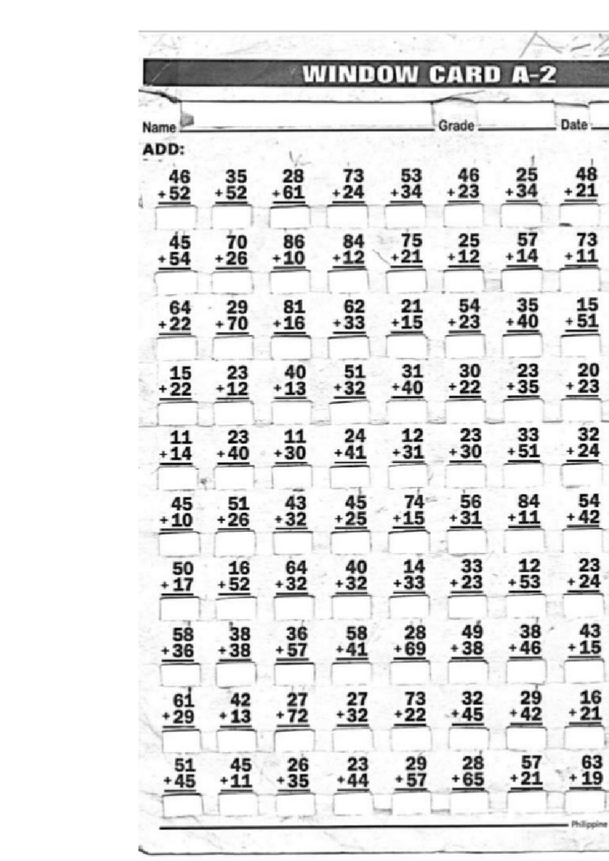 Drill Cards A2 S2 M2 D2 - MATH PRACTICE - WINDOW CARD A-2 Name Grade ...