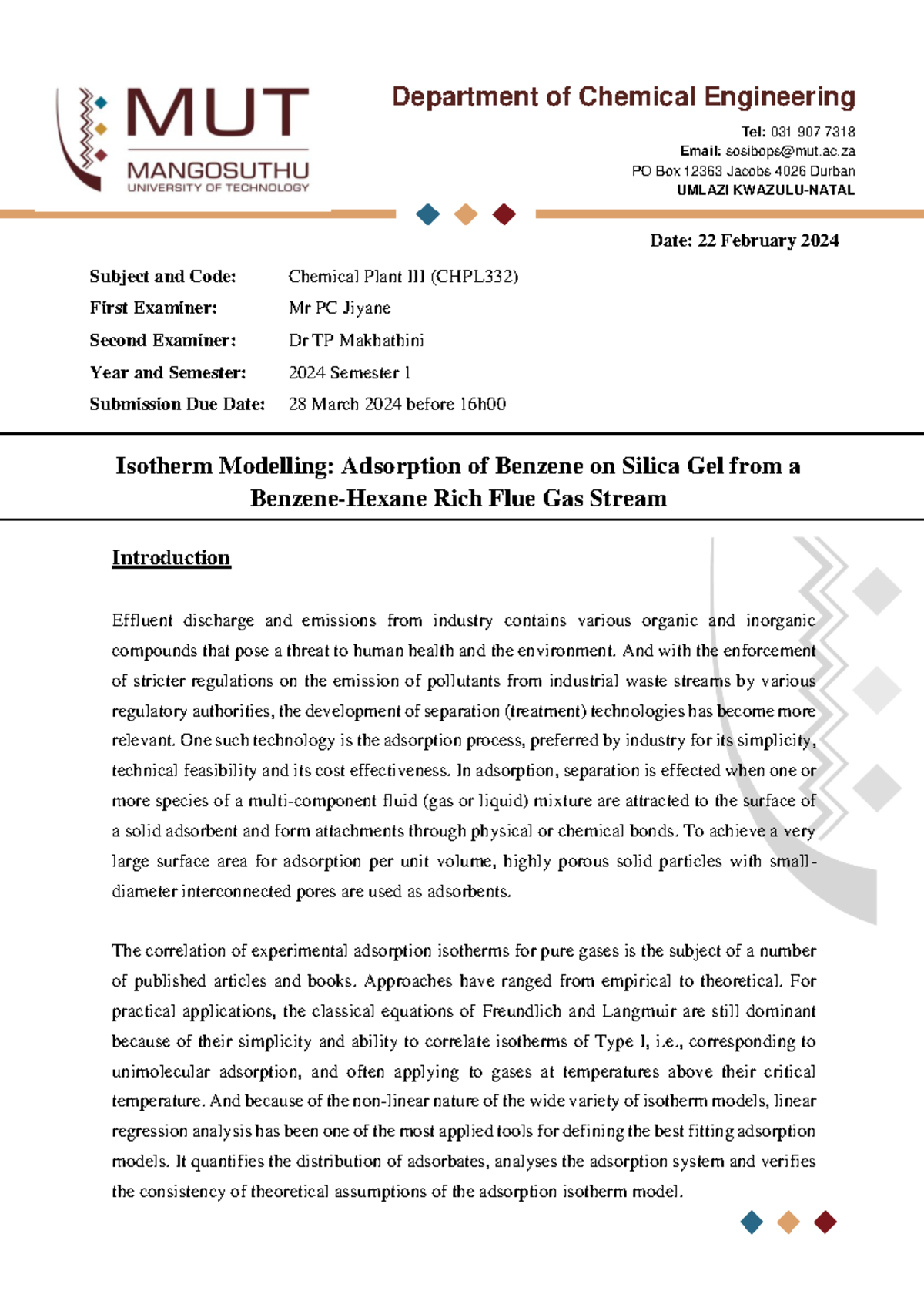 Chemical Plant III Assignment - 1 Sem 2024 - Department of Chemical Engineering Tel: 031 907 ...
