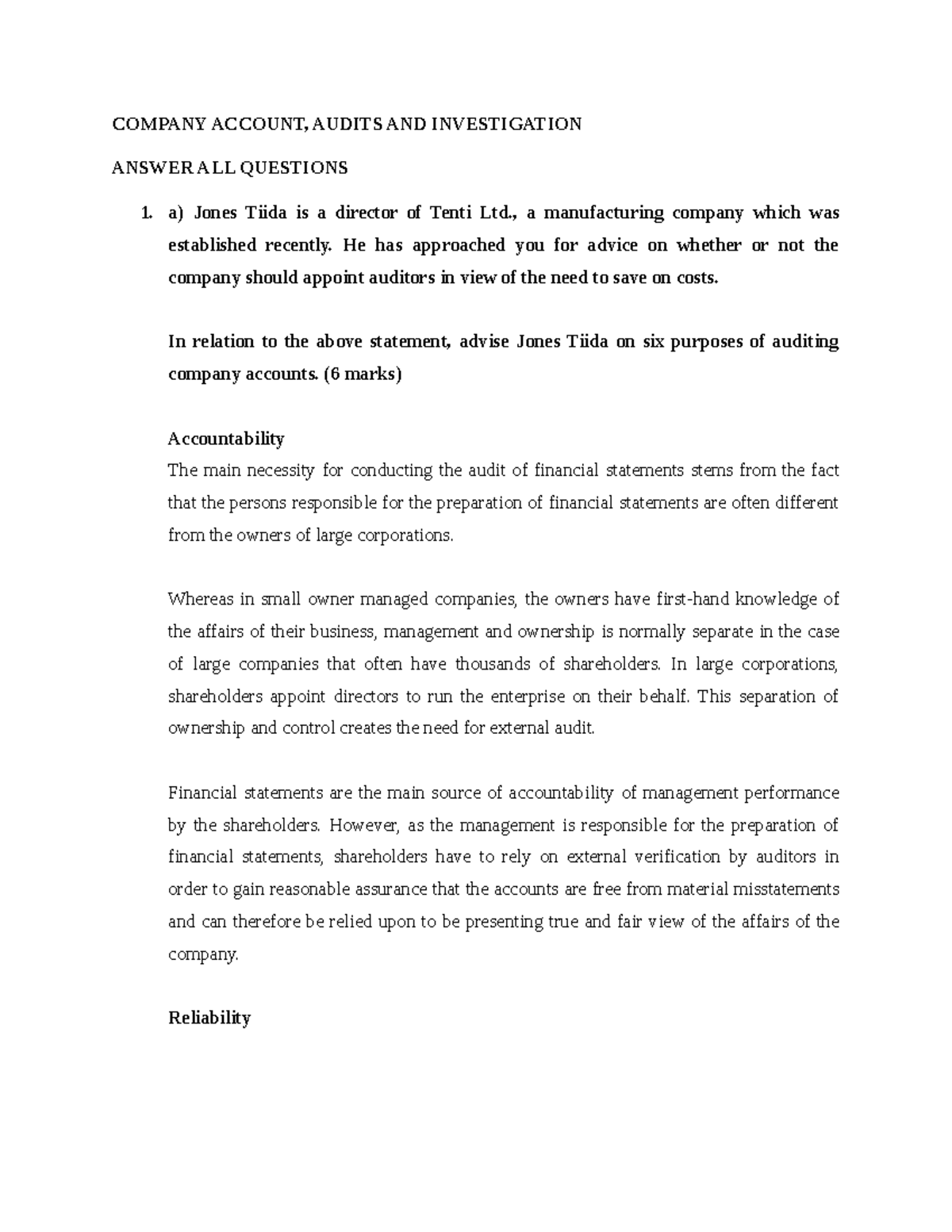 Company Audits and Investigation Assignment - COMPANY ACCOUNT, AUDITS ...