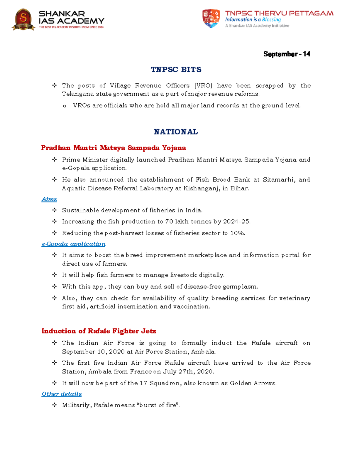Sep 14 - English [Current Afairs for the month September-2020 ...