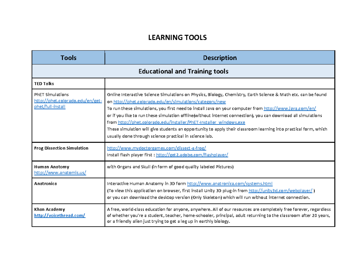 Educational and Training Tools - LEARNING TOOLS Tools Description ...