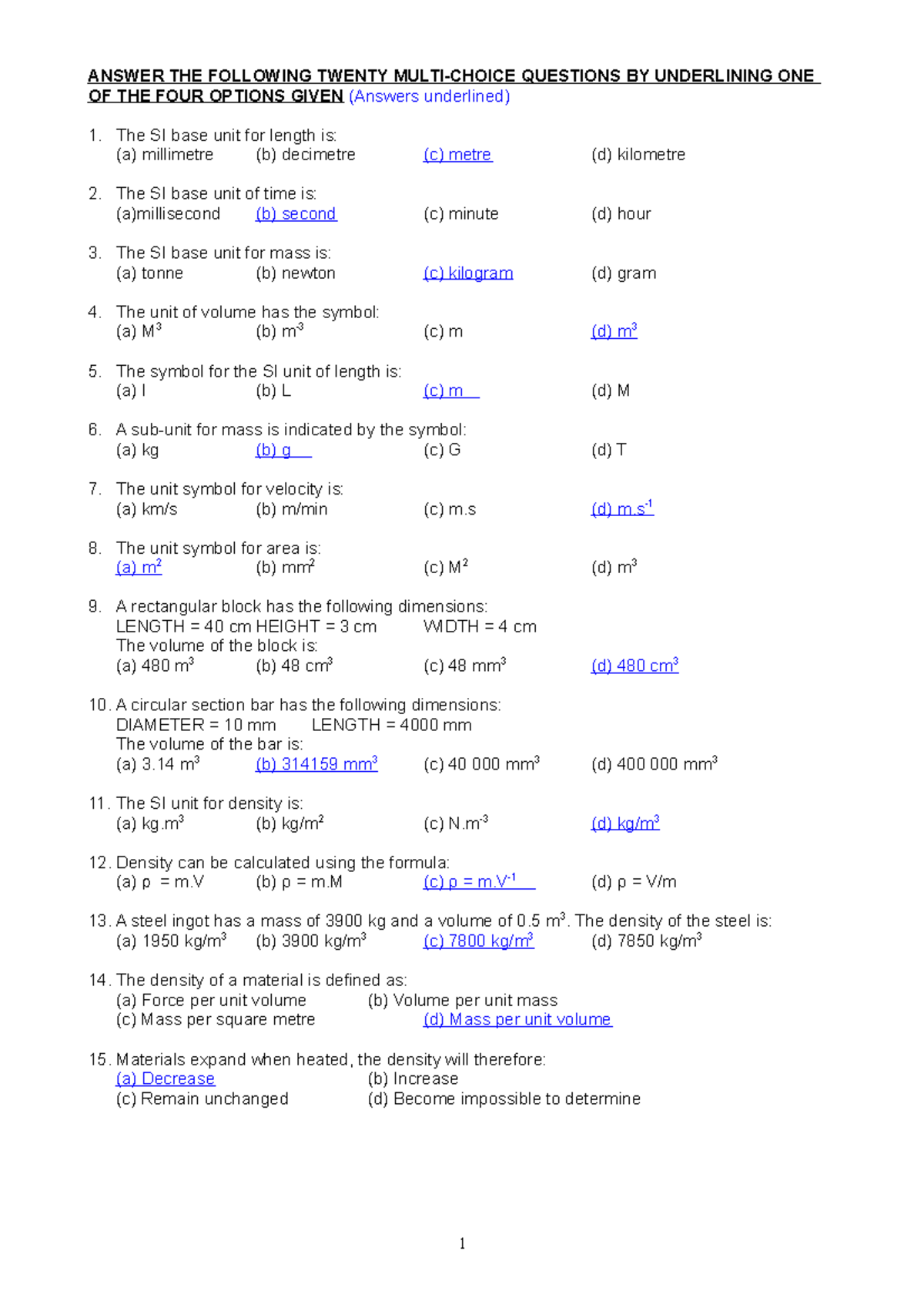Measuring Engineering Parameters Answers - ANSWER THE FOLLOWING TWENTY ...