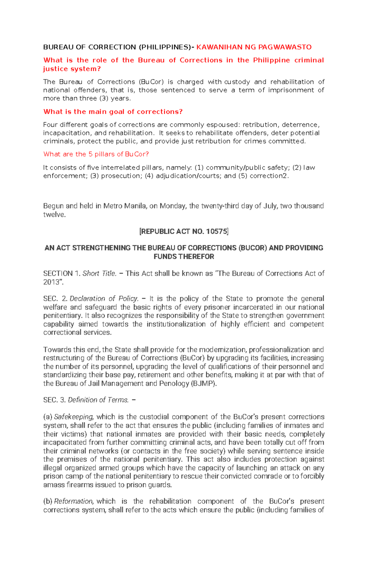 Bureau OF Correction - Summary Bachelor of Science in criminology - BUREAU OF CORRECTION - Studocu