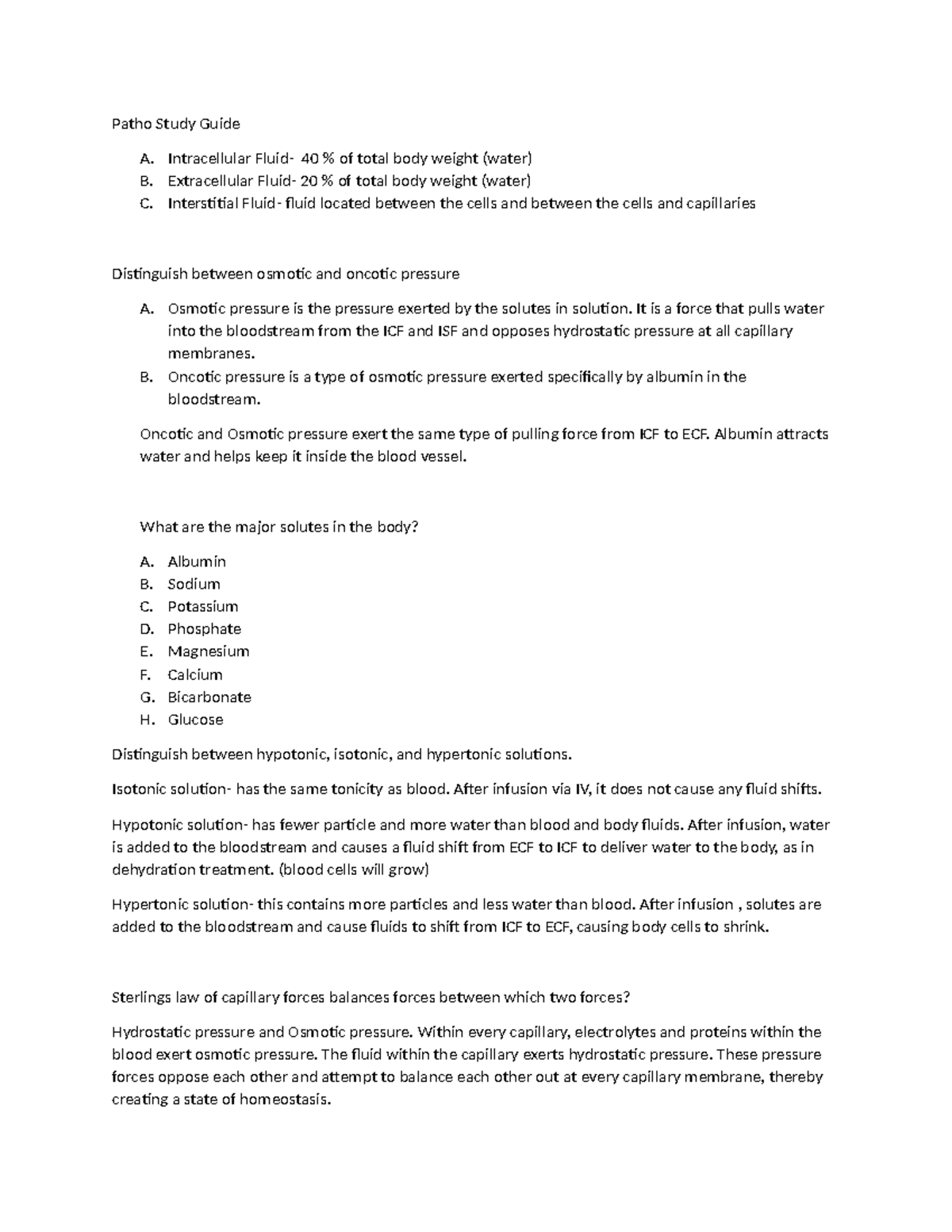Patho study guide - Patho Study Guide A. Intracellular Fluid- 40 % of ...
