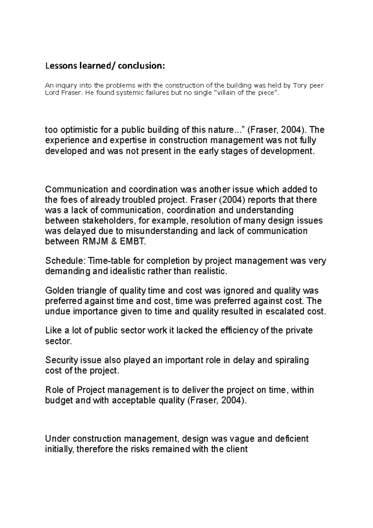 Scottish parliment - Coursework appendix - Lessons learned/ conclusion ...