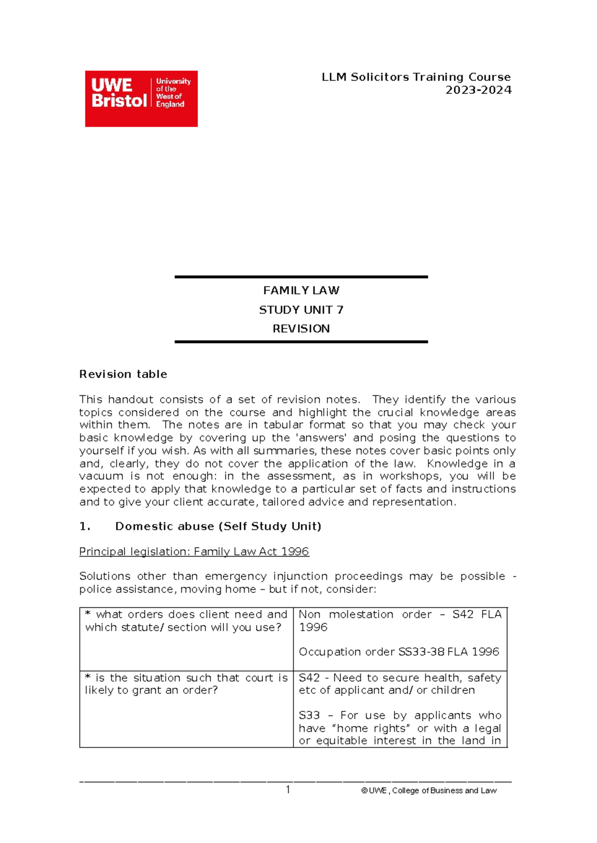 SU7 Revision Notes - awd - LLM Solicitors Training Course 2023- FAMILY ...