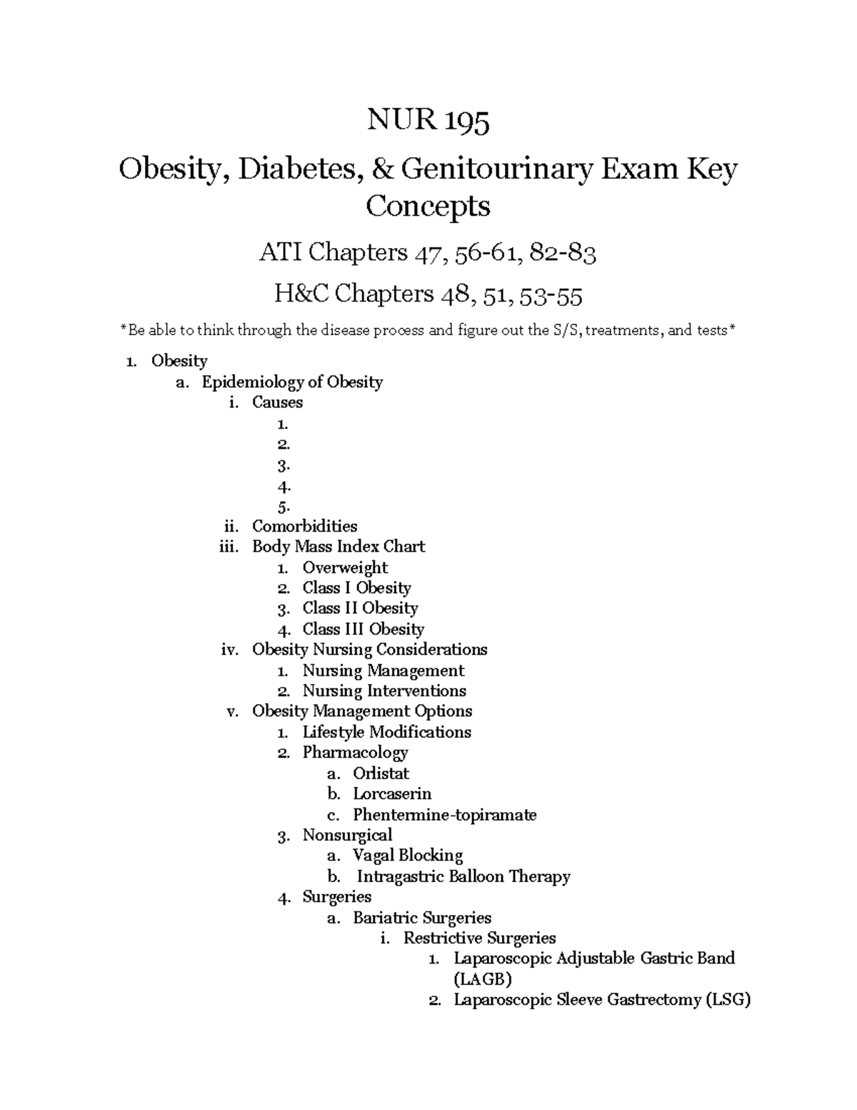 Obesity, DM, GU Exam Key Concepts-2 - NUR 195 Obesity, Diabetes ...