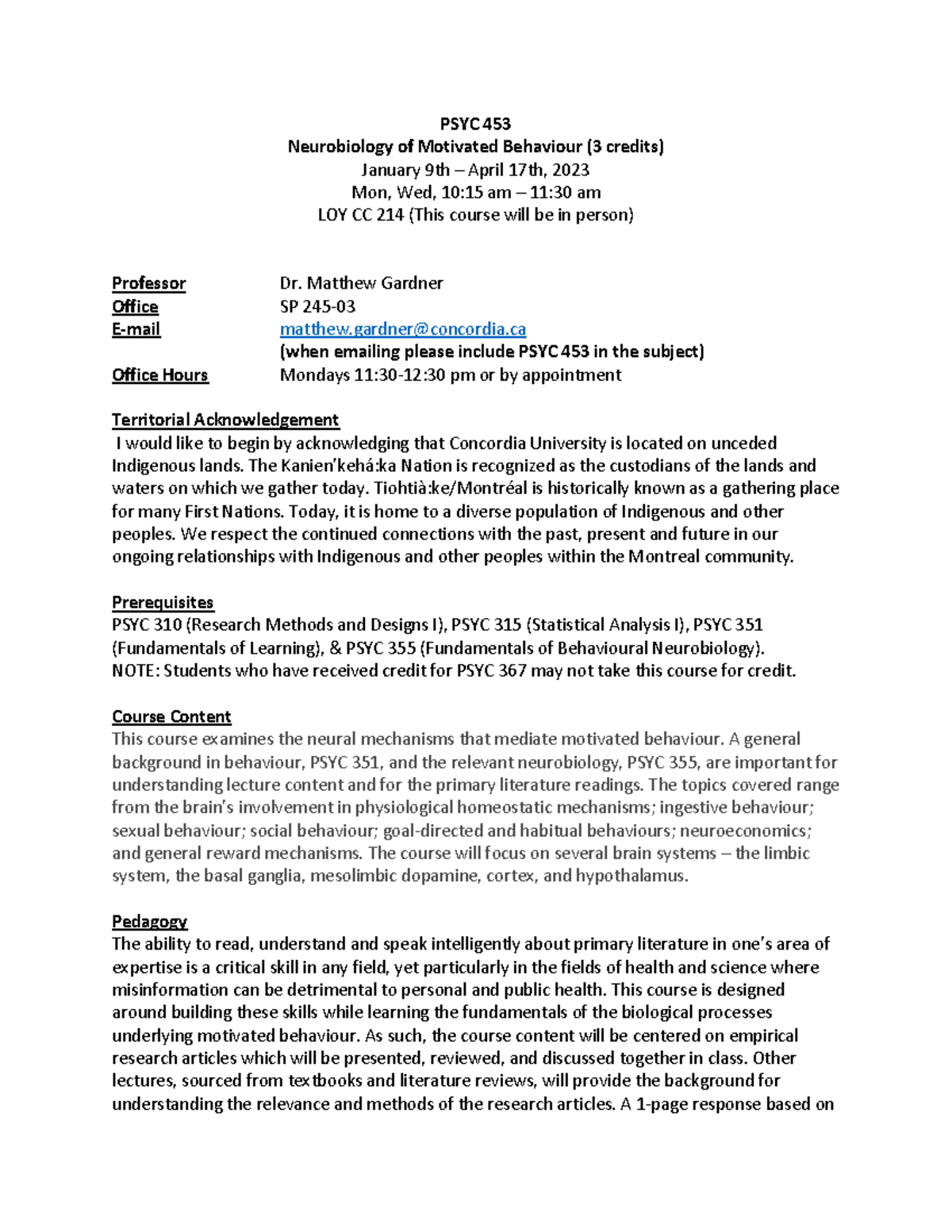 PSYC 453 Syllabus - PSYC 453 Neurobiology of Motivated Behaviour (3 ...