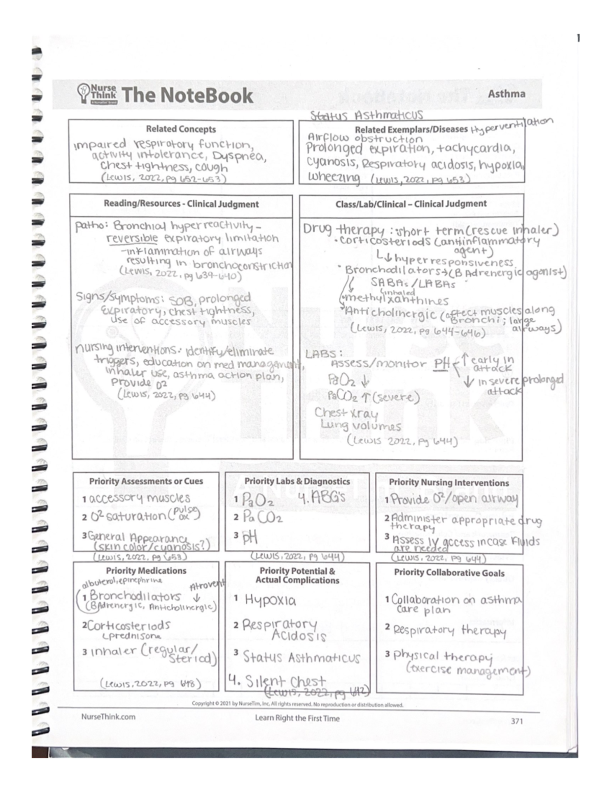 Notebook Asthma - Silent chest (Lewis, 2022, pg (442) Copyright o 2021 ...