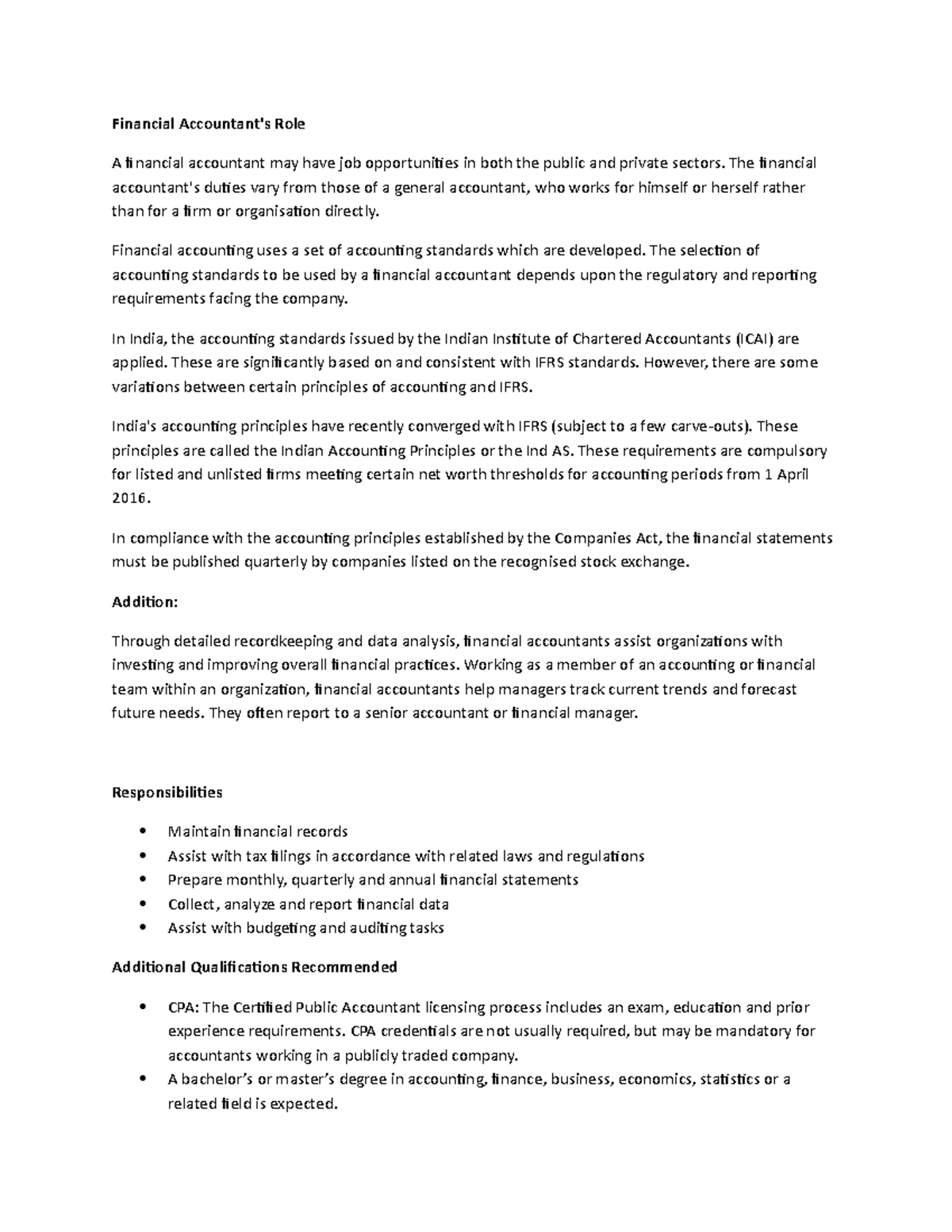 Financial Accountants role in working industry - Financial Accounting ...