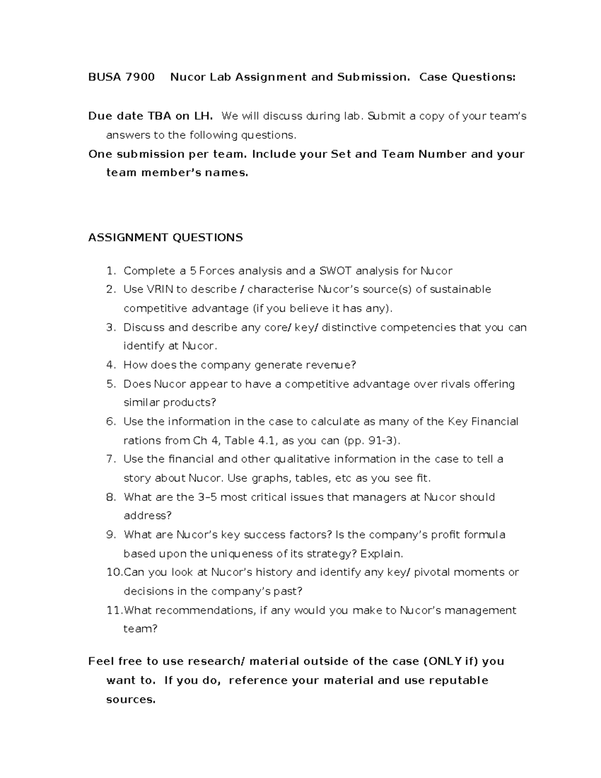 BUSA 7900 2024 Nucor Assignment - BUSA 7900 Nucor Lab Assignment and Submission. Case Questions ...