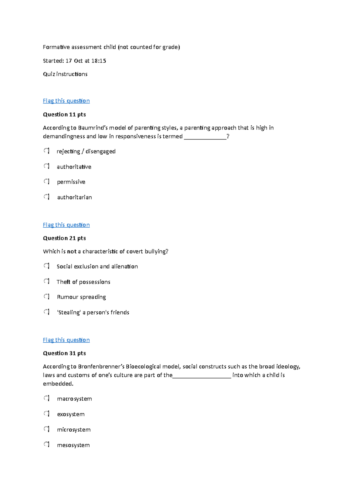 Child Development Practise Test - Formative assessment child (not ...