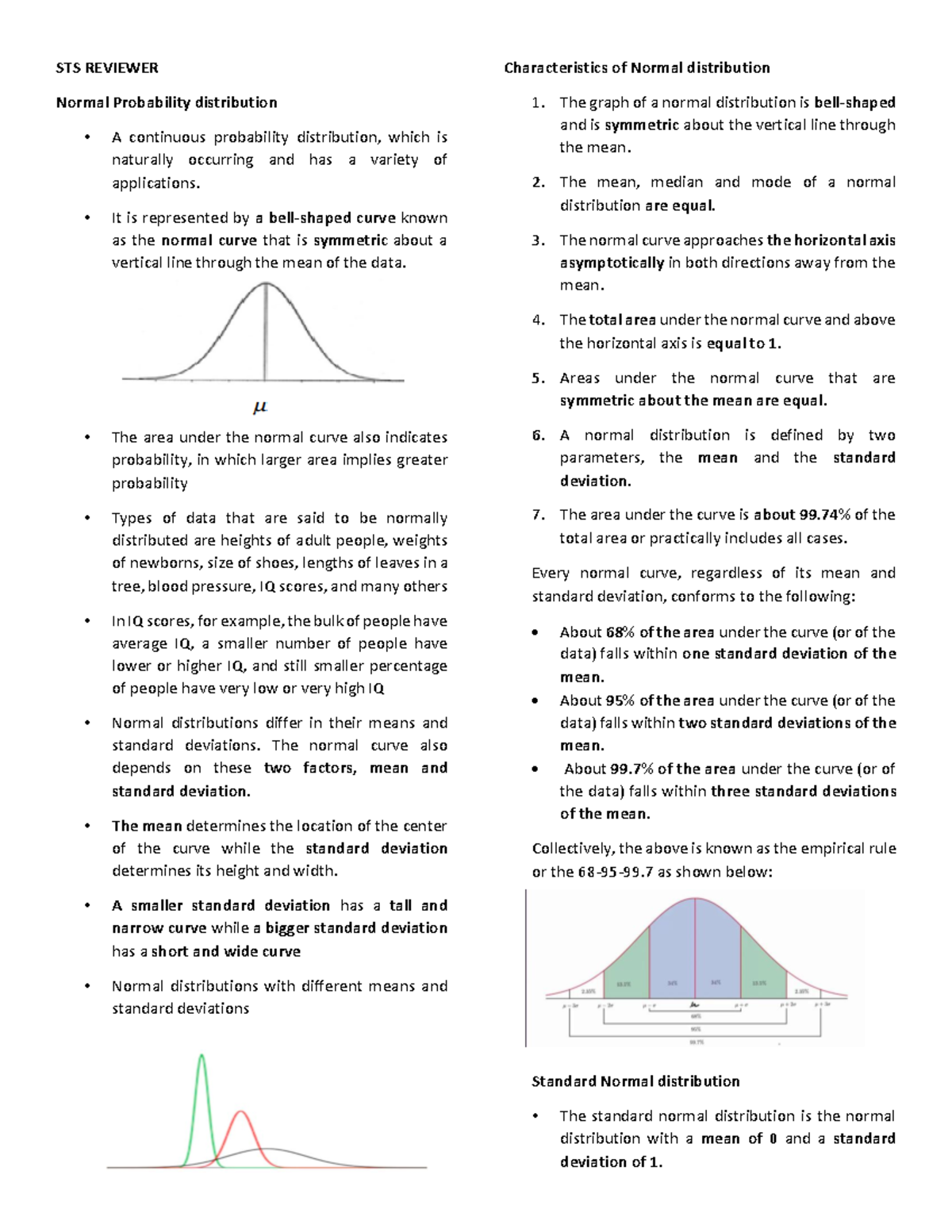 Finals-STS- Reviewer - STS REVIEWER Normal Probability distribution A continuous probability ...