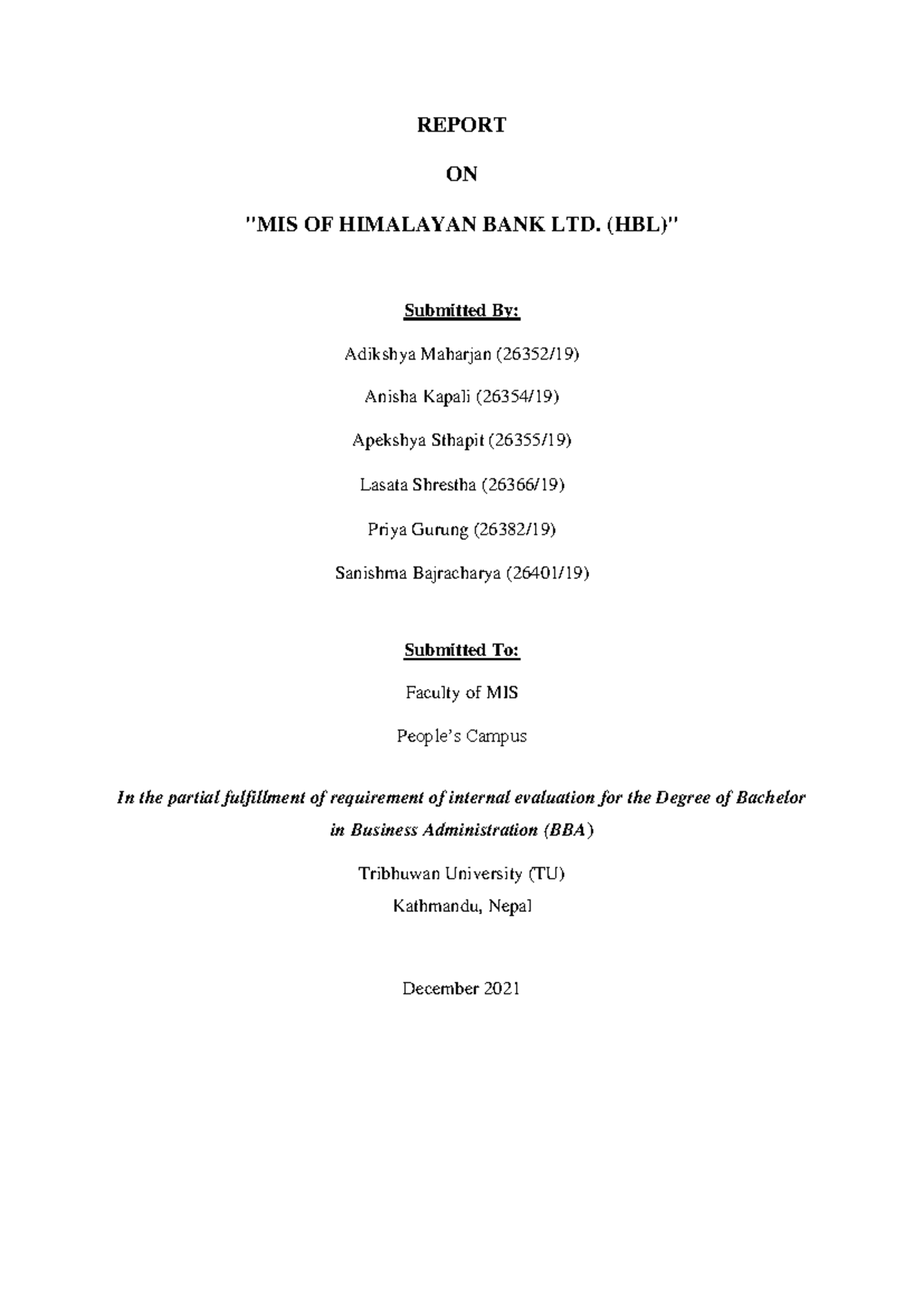 606279487 Mis Report Final 1 - REPORT ON "MIS OF HIMALAYAN BANK LTD ...