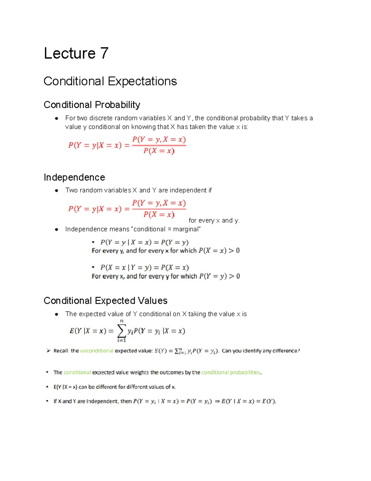 Lecture 7 - Lecture 7 Conditional Expectations Conditional Probability For two discrete random ...