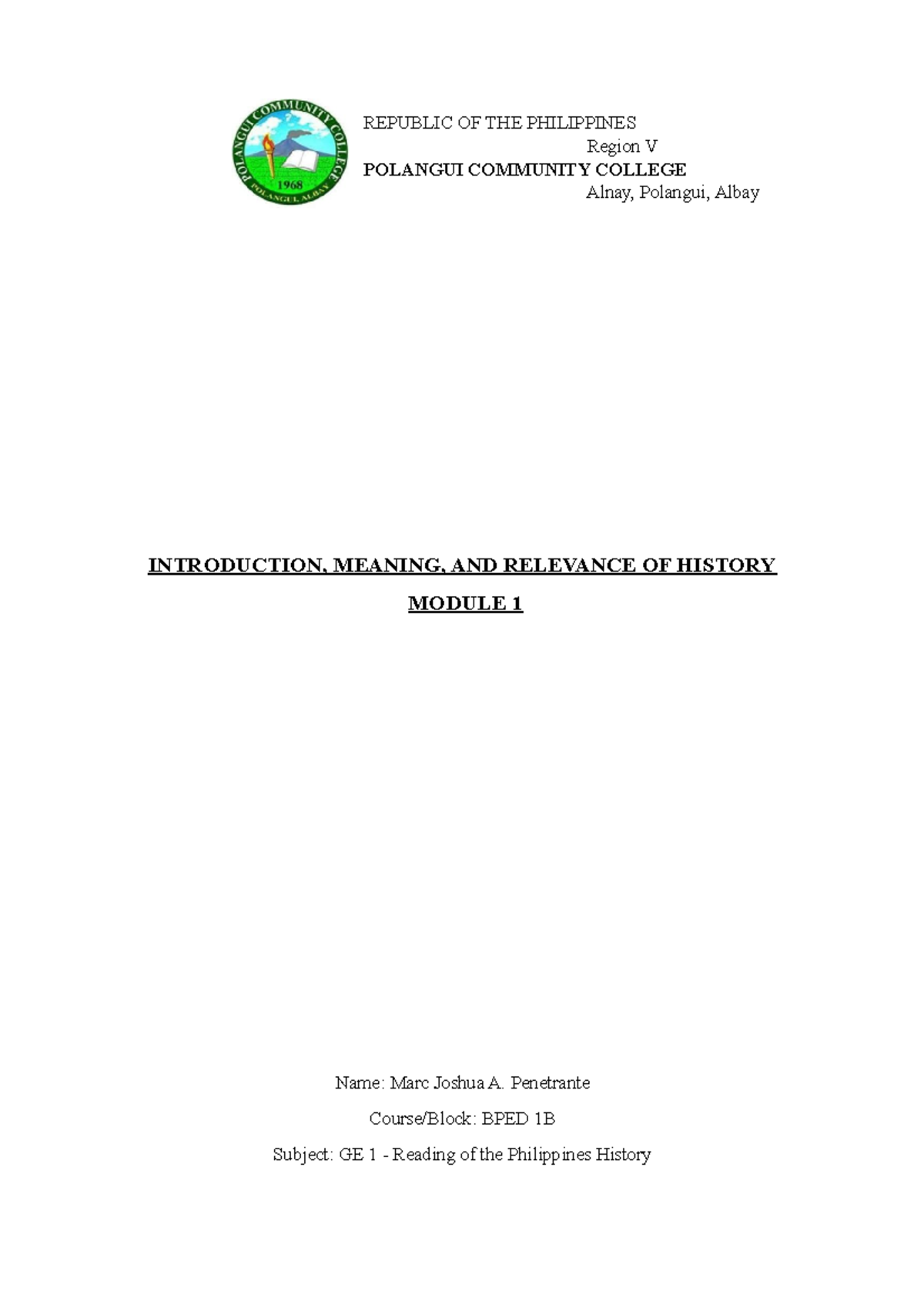 RPH ( Module 1 Section 3) - REPUBLIC OF THE PHILIPPINES Region V ...