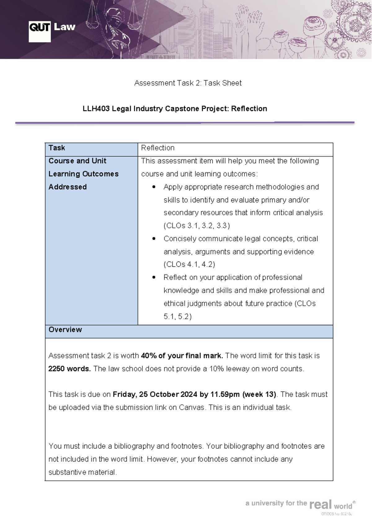 2024 S2 LLH403 Task 2 - Assignment feedback - Assessment Task 2: Task Sheet LLH403 Legal ...