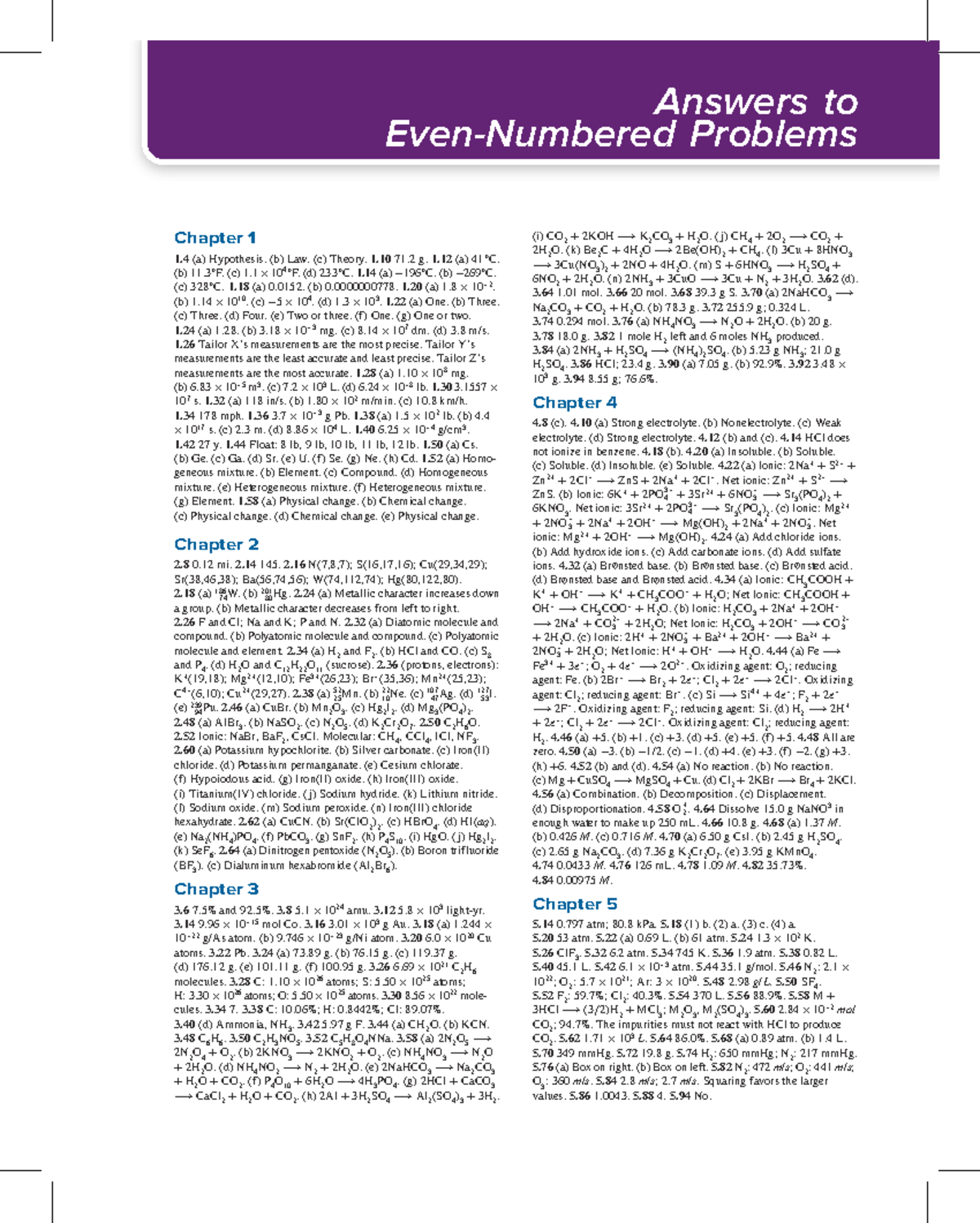 레이먼드 창의 일반화학 4장 답지 - Answers to Even-Numbered Problems Chapter 1 1 (a) Hypothesis. (b) Law. (c ...