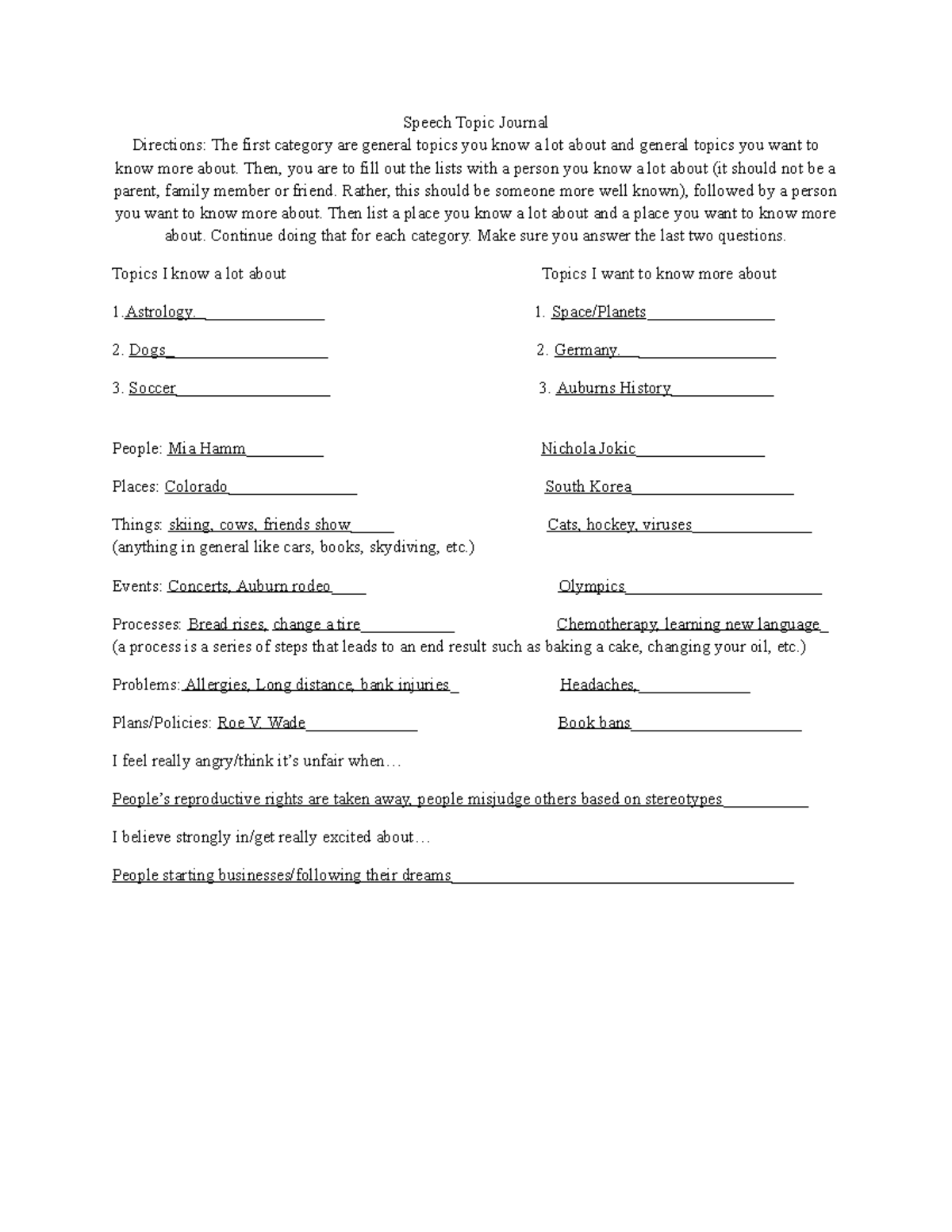 Speech Topic Journal - Speech Topic Journal Directions: The first ...