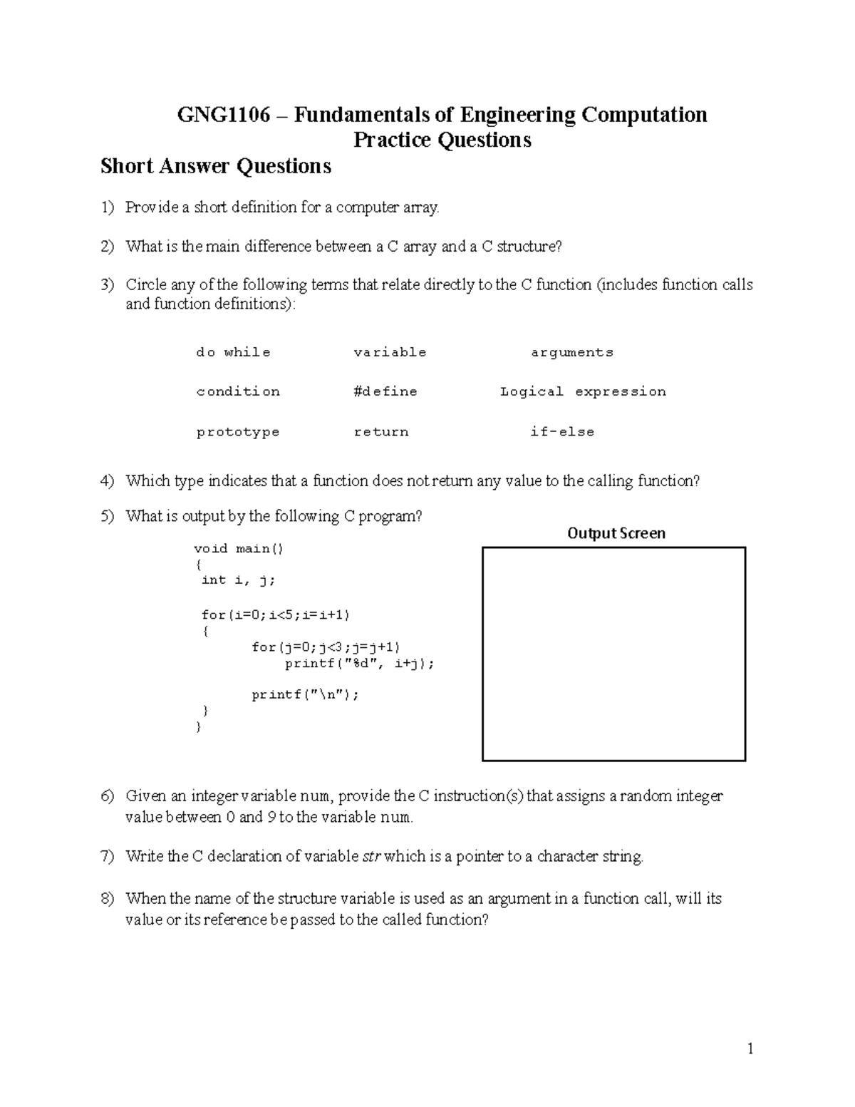 GNG1106 Practice Questions - GNG1106 – Fundamentals of Engineering Computation Practice ...