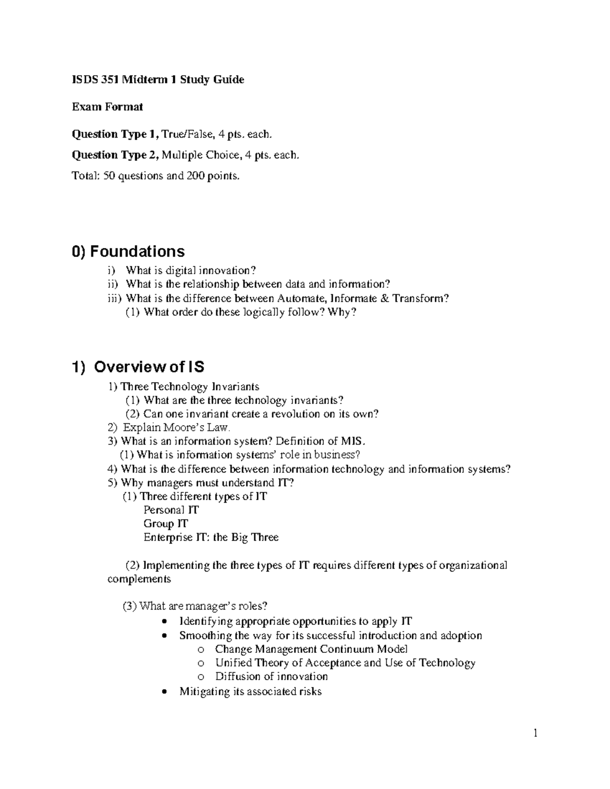 ISDS351- Midterm 1-Study Guide - ISDS 351 Midterm 1 Study Guide Exam Format Question Type 1 ...