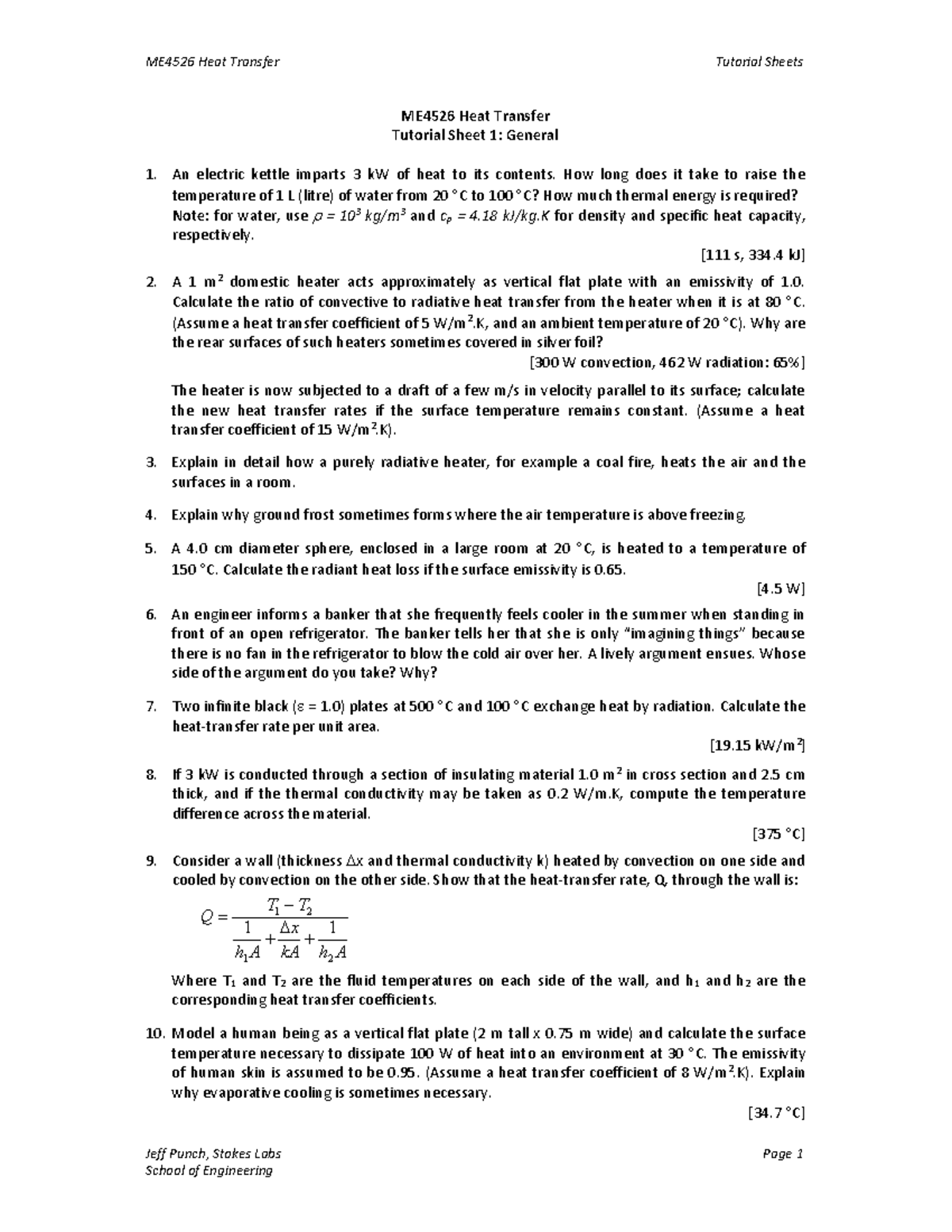 ME4526 Heat Transfer Tutorial 1 - An electric kettle imparts 3 kW of ...