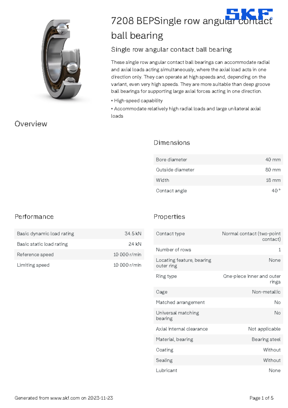 SKF 7208 BEPSingle row angular contact ball bearing specification ...