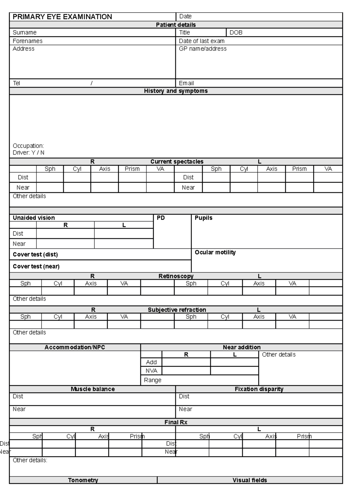 Primary Exam Record Word document - PRIMARY EYE EXAMINATION Date ...