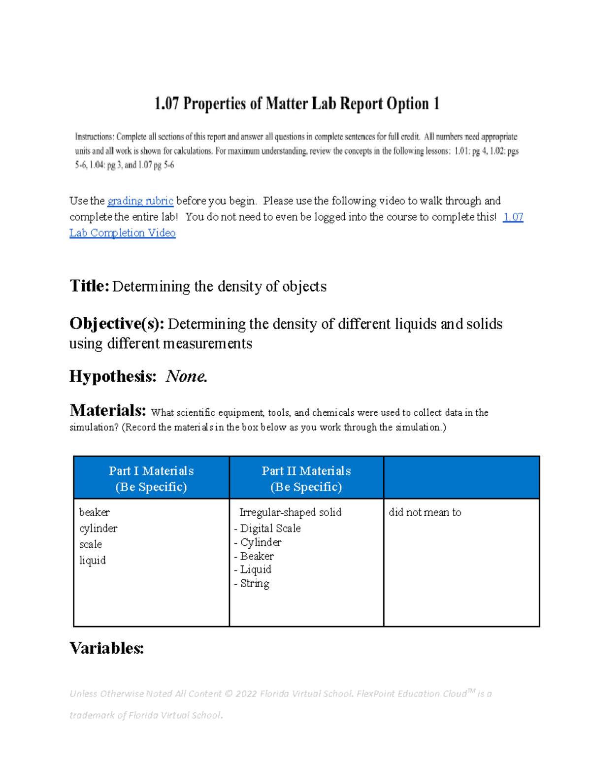 1.07 properties of matter lab- Chemistry of FLVS. - Use the grading ...