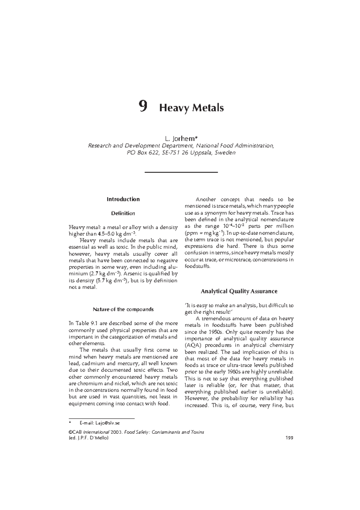 Heavy metals in fish - 9 Heavy Metals L. Jorhem* Research and ...