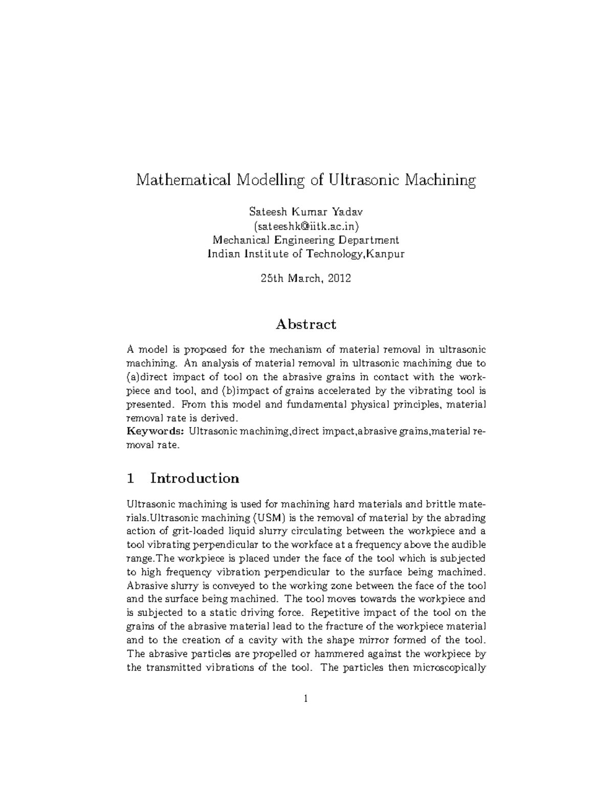 USM model - Mathematical Modelling of Ultrasonic Machining Sateesh ...