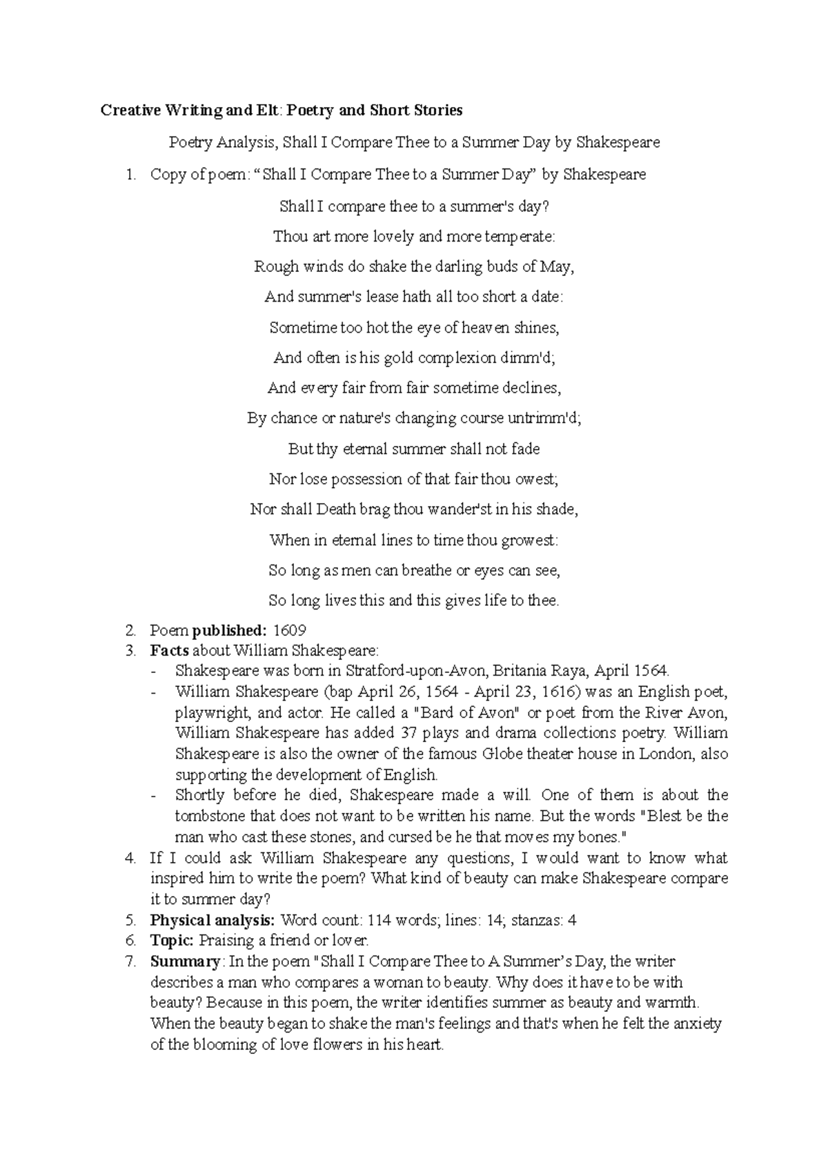 Shakespear Poem Analysis - Creative Writing and Elt: Poetry and Short ...