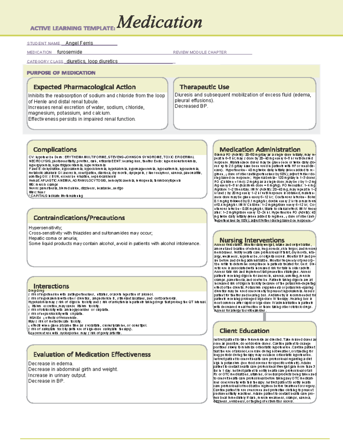 Furosemide med temp - med temp - STUDENT NAME ...