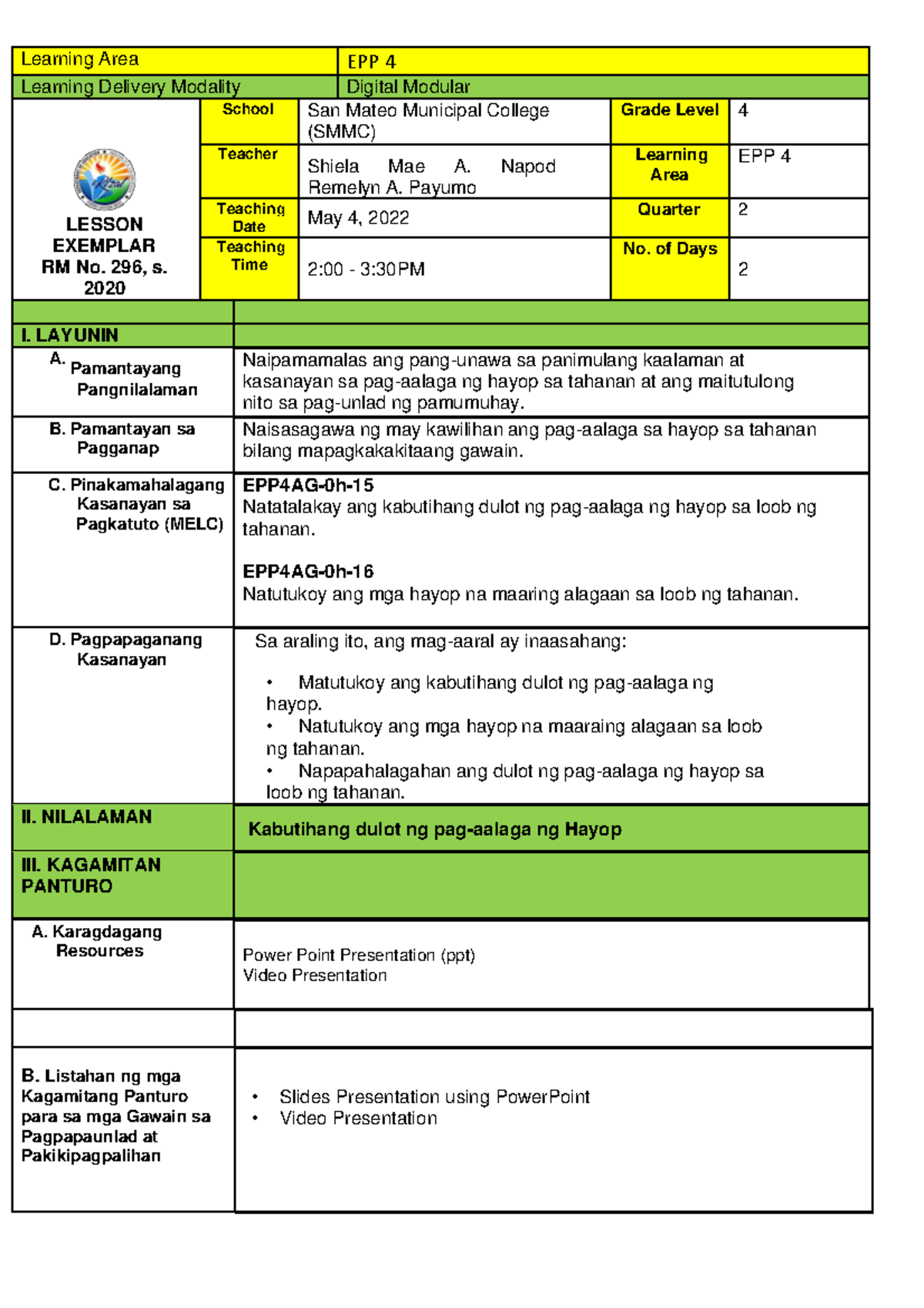 Day2 E-Napod and Payumo 2 - Learning Area EPP 4 Learning Delivery ...