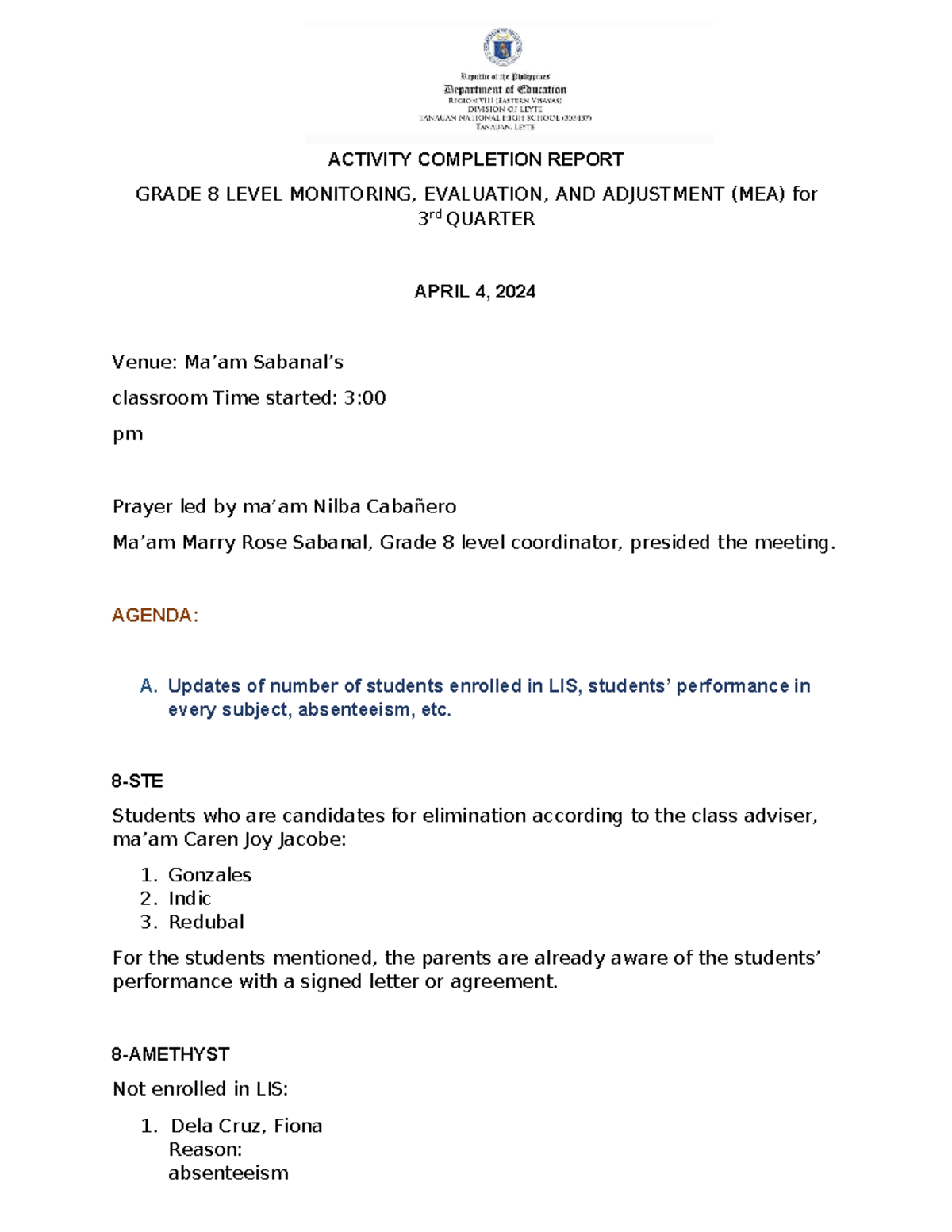 ACR on 3rd quarter grade 8 MEA - ACTIVITY COMPLETION REPORT GRADE 8 ...