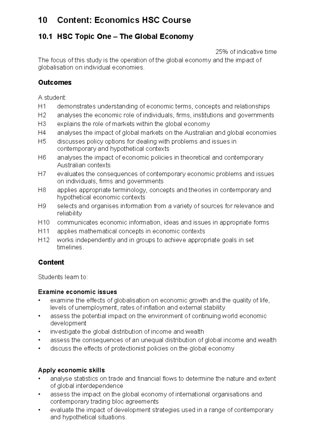 Economics Notes - 10 Content: Economics HSC Course 10 HSC Topic One ...