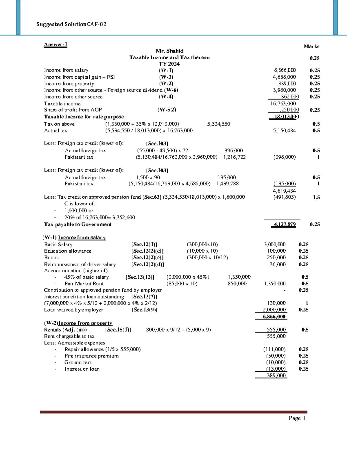 Tax Mock Solution sep-23 - Answer- Mr. Shahid Taxable Income and Tax ...