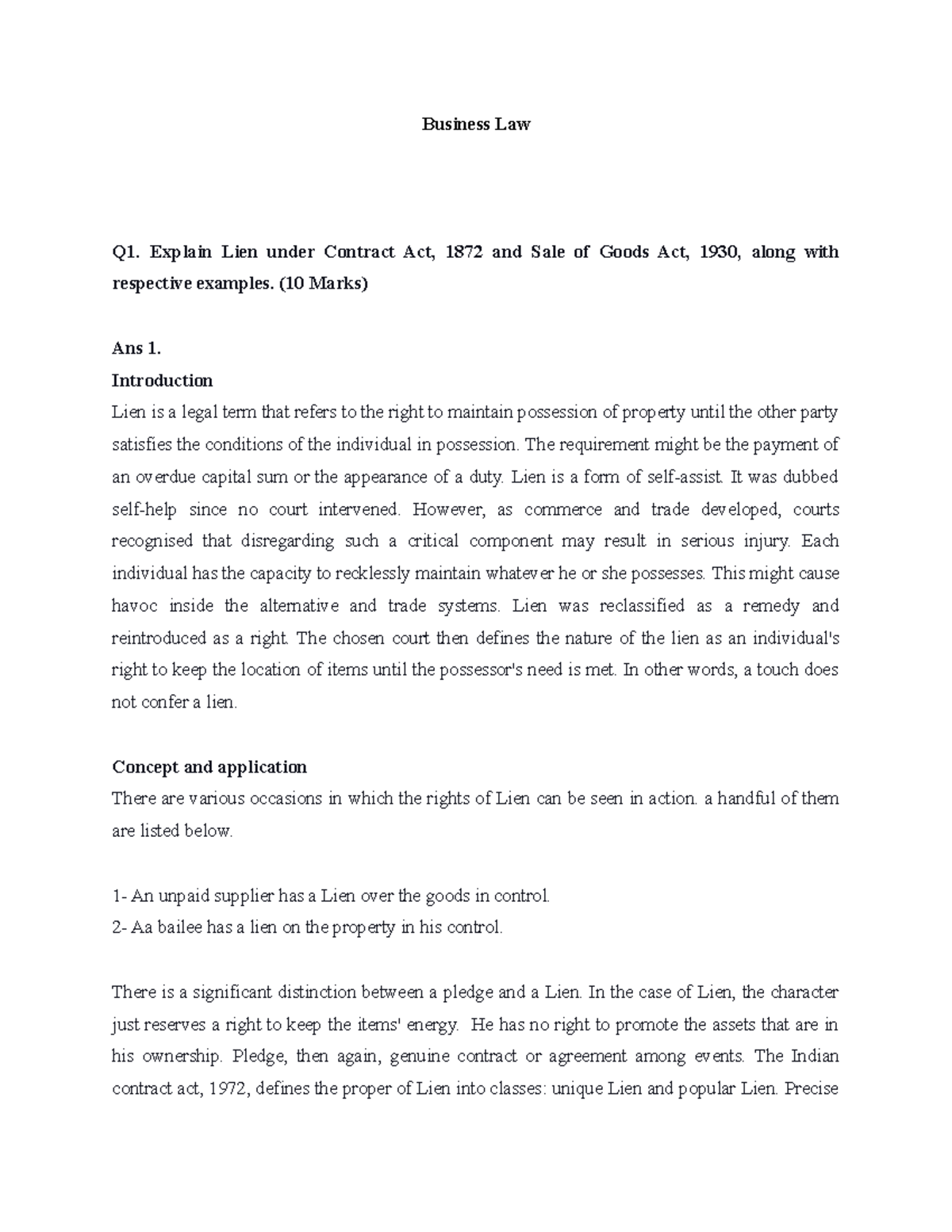 Business Law ST - Assignments - Business Law Q1. Explain Lien under ...