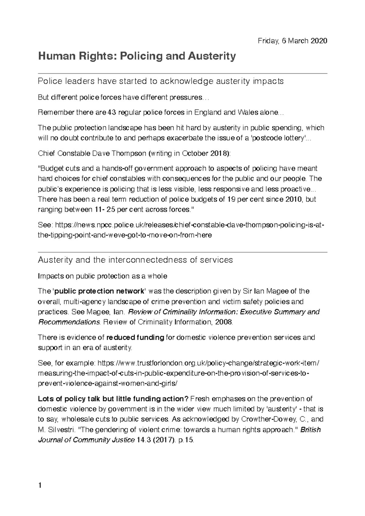 Policing and Austerity - Friday, 6 March 2020 Human Rights: Policing ...
