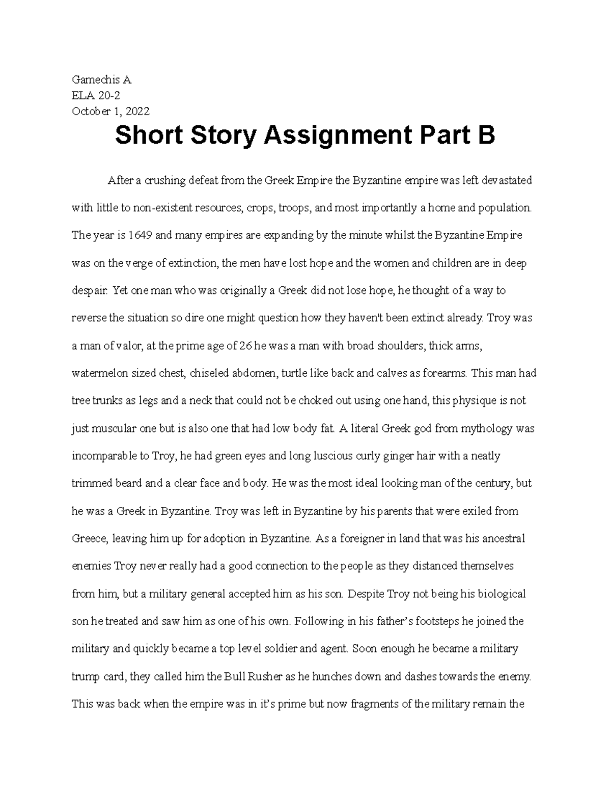 Short Story Assignment Part B - Gamechis A ELA 20- October 1, 2022 ...
