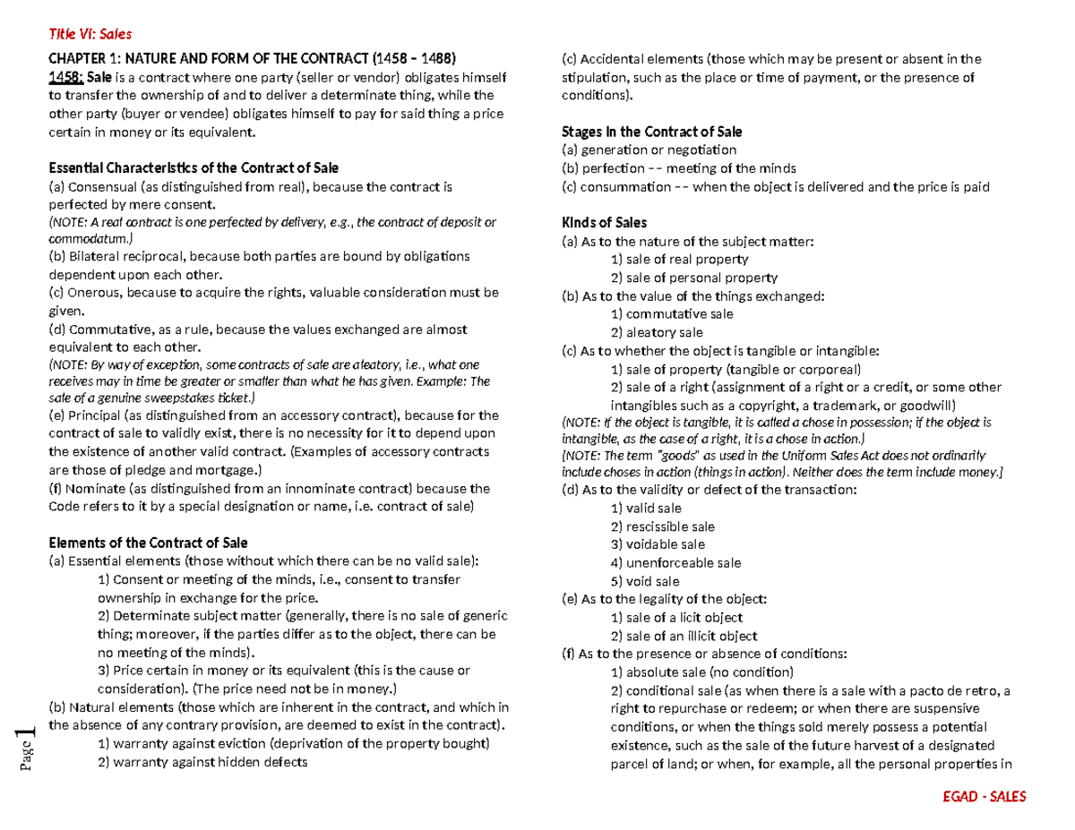 Sales Law Notes Articles - Page 1 CHAPTER 1: NATURE AND FORM OF THE ...
