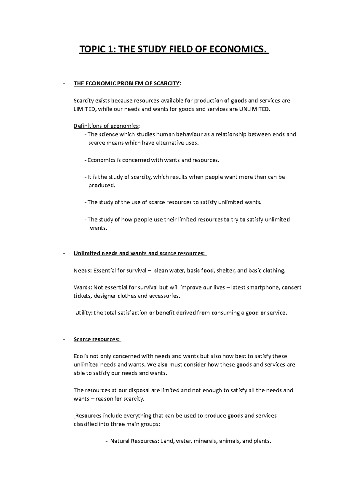 Topic 1 notes - Summarised - TOPIC 1: THE STUDY FIELD OF ECONOMICS ...