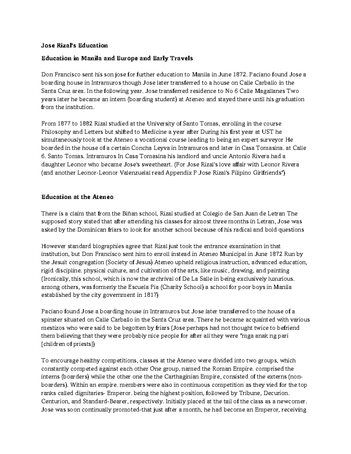 Lrizal Notes - Jose Rizal - Jose Rizal's Education Education in Manila ...