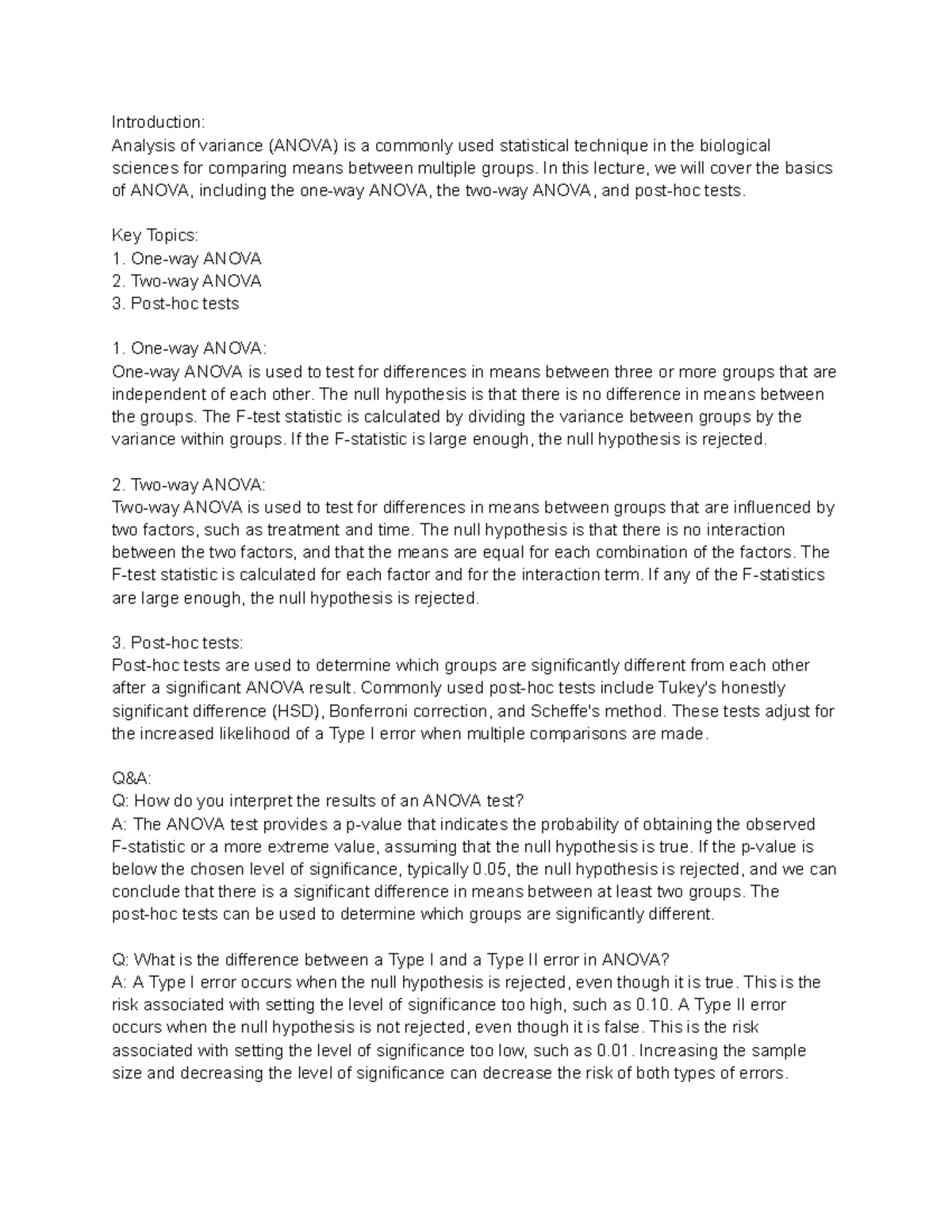 Lecture #9 Analysis of Variance ( Anova) in the Biological Sciences ...