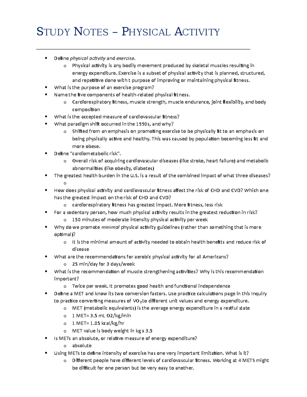 Study Notes Physical Activity - STUDY NOTES – PHYSICAL ACTIVITY - Studocu