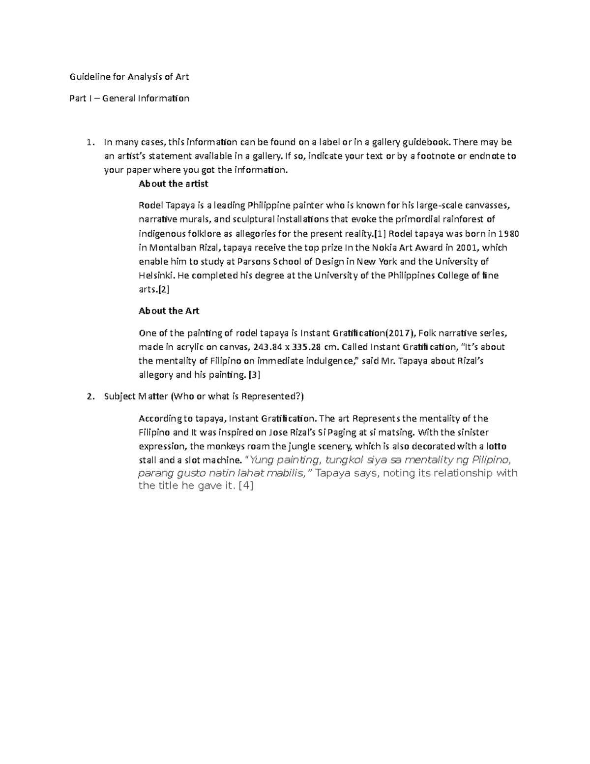 Guideline for Analysis of Art - There may be an artist’s statement ...