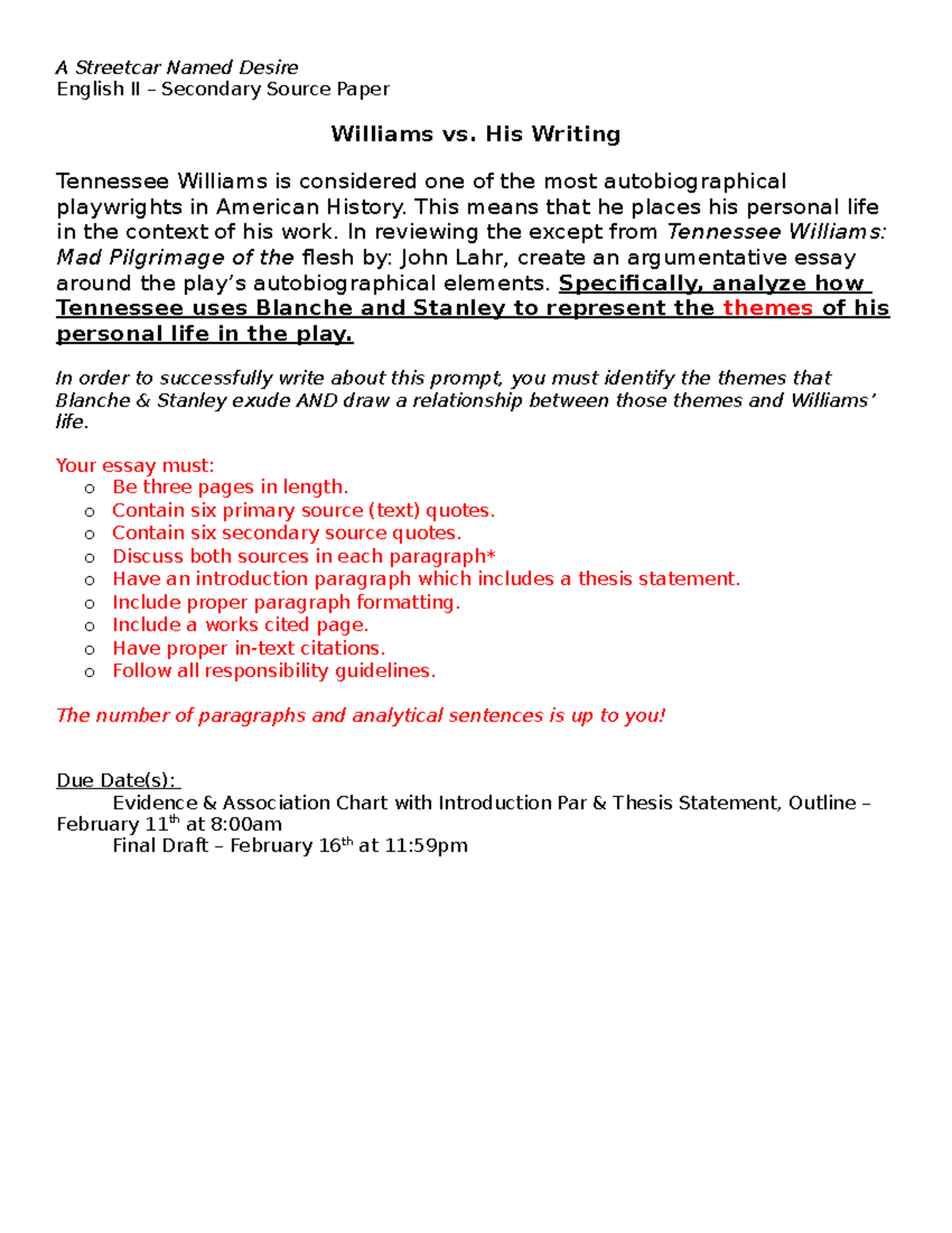 Streetcar Paper Final 2021 - A Streetcar Named Desire English II ...