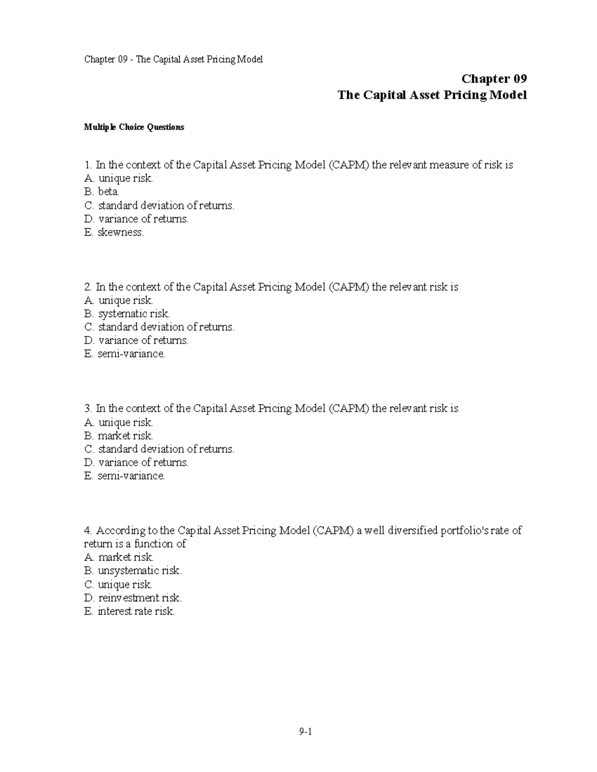 Chapter 09 The Capital Asset Pricing Model In The Context Of The