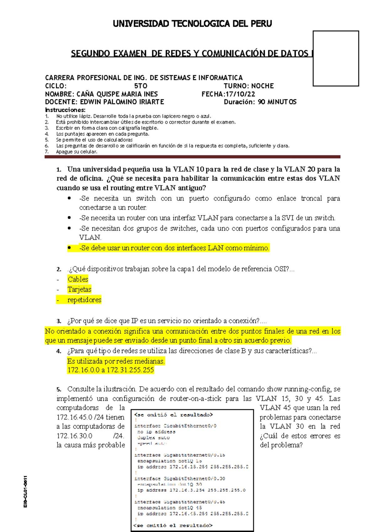 UTP RC Redes Y Comunicaciones Segundo Examen 2022 - SEGUNDO EXAMEN DE REDES Y COMUNICACIÓN DE ...