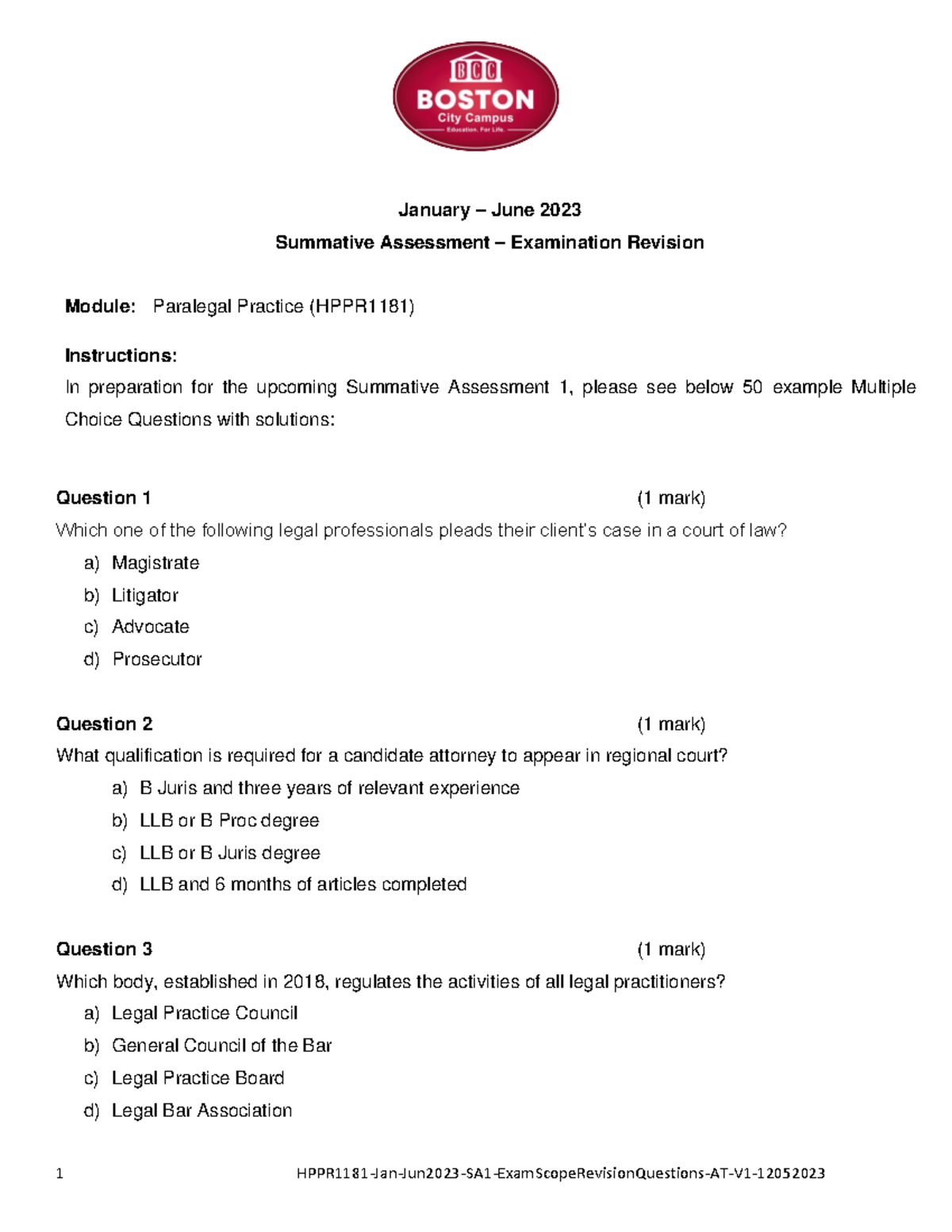 HPPR1181 Jan Jun2023 SA1 Exam Scope Revision Questions AT V1 12052023 ...